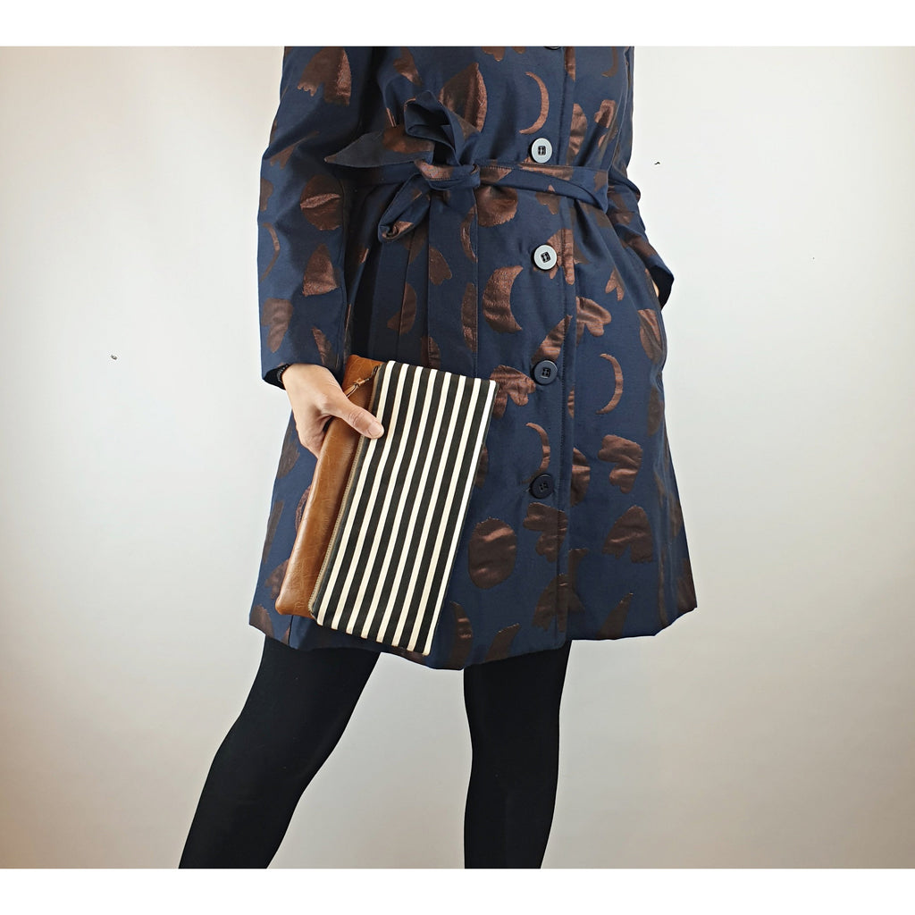 Maddie Kay brown faux leather foldover clutch with navy and white stri ...