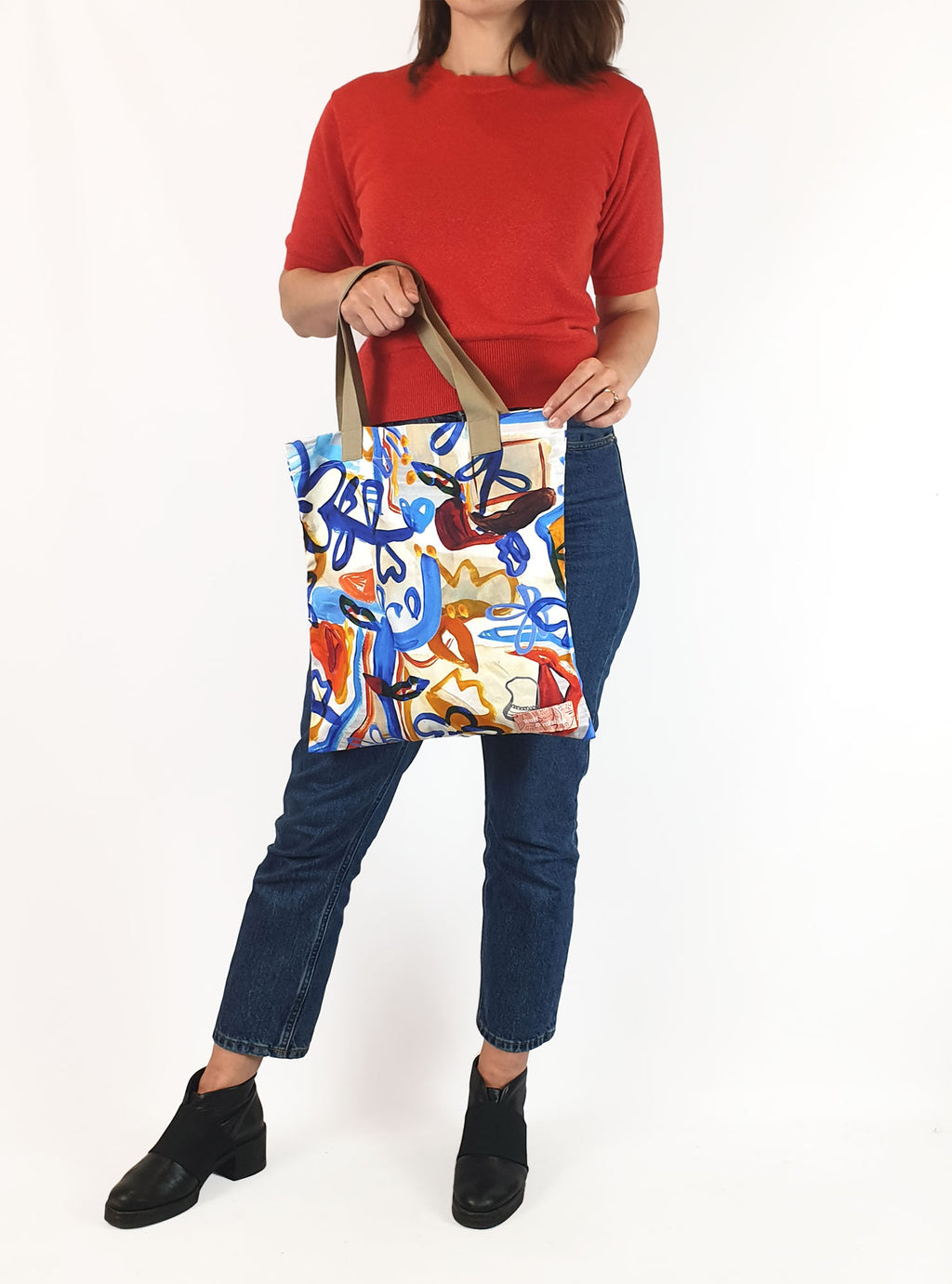 Wolf & Mishka blue floral tote bag with grey straps – Dear Little Panko